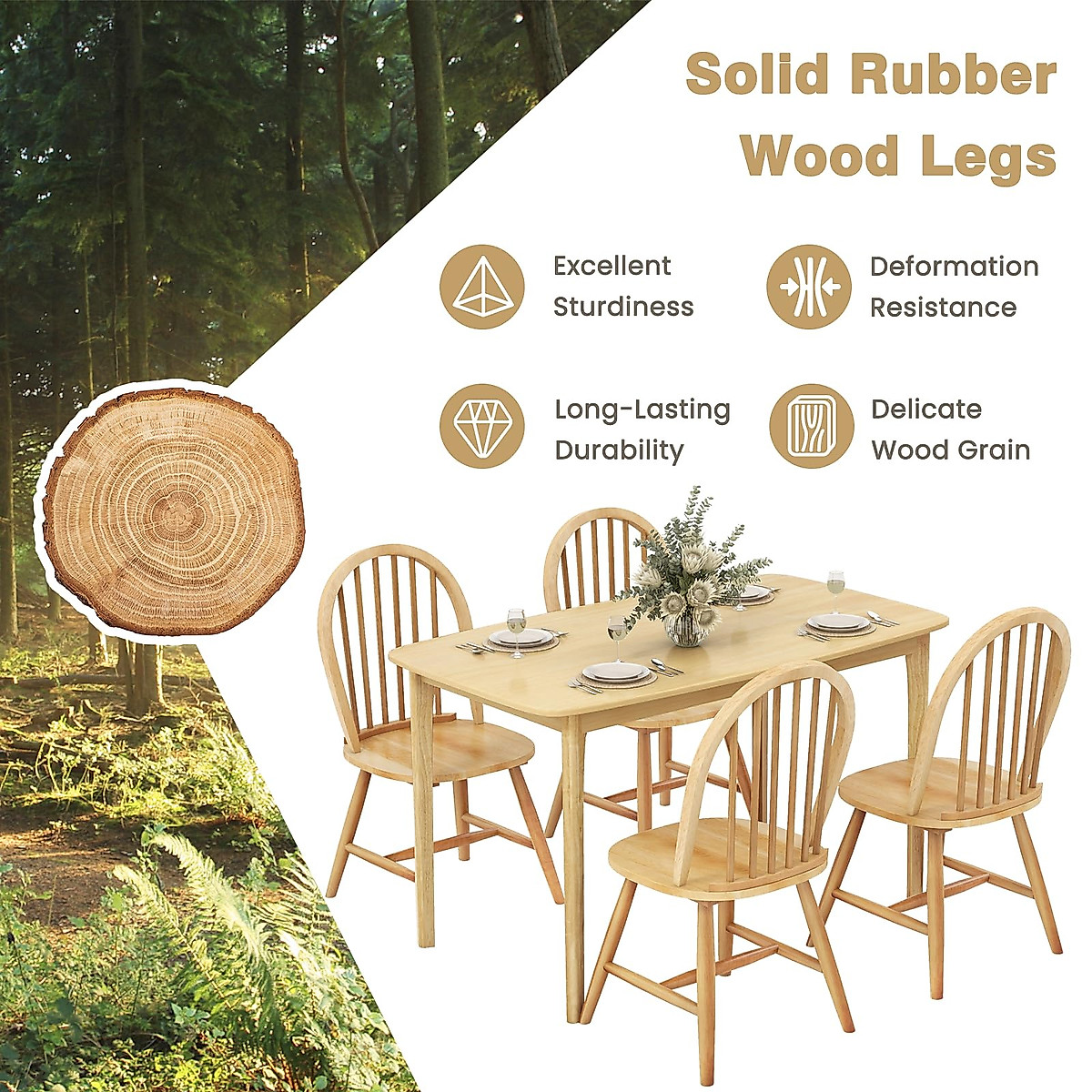 Giantex 48" L Wooden Dining Table Set for 4, 5PCS Rectangular Kitchen Table Set w/Rubber Wood Supporting Legs, Farmhouse Dinner Table & 4 Windsor Chairs for Kitchen Dining Room Small Space