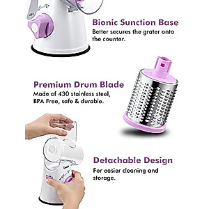 Geedel Rotary Cheese Grater, Kitchen Mandoline Vegetable Slicer with 3 Interchangeable Blades, Easy to Clean Rotary Grater Slicer for Fruit, Vegetables, Nuts