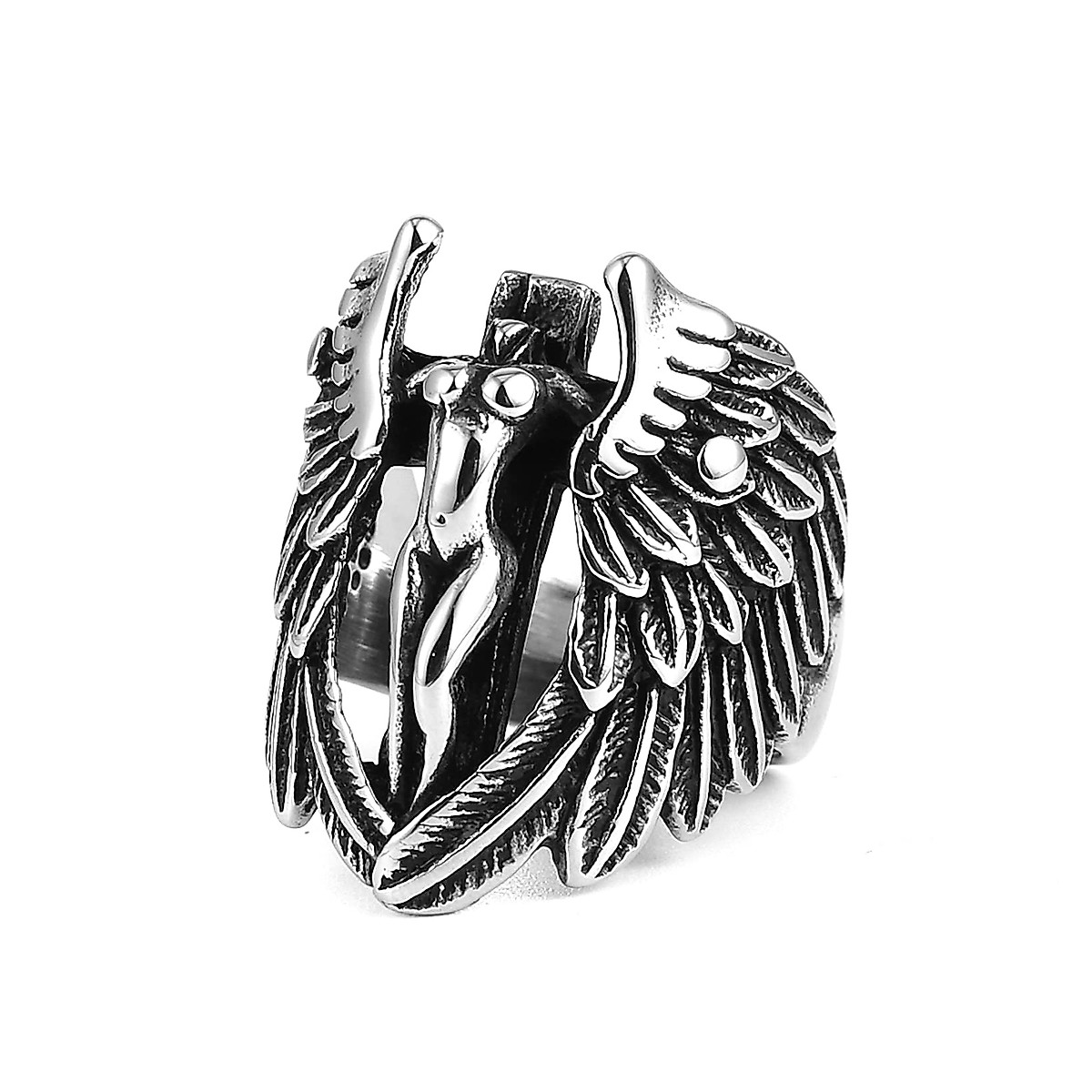 HZMAN Vintage Archangel Goddess Feather Angel Wing Stainless Steel Ring (Silver,9)