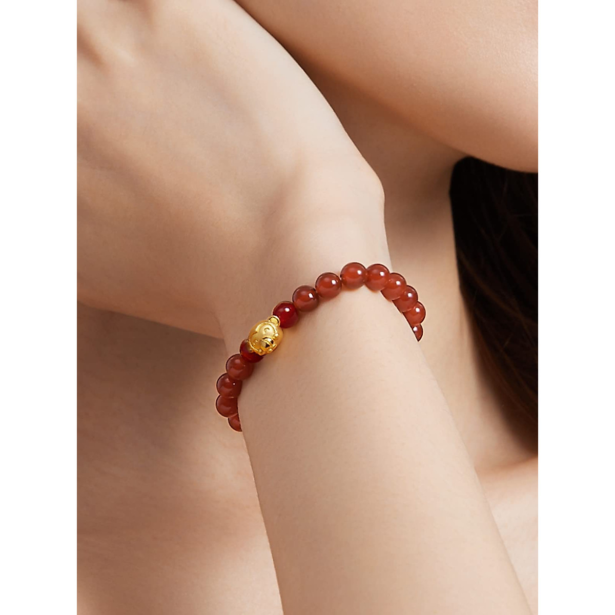 ZHOU LIU FU 24K Solid Gold Bracelets for Women, Stretchable Lucky Animals Real Gold Rabbit Bangle Charm Bracelets, Pure Gold Agate Beaded Zodiac Bunny Bracelet