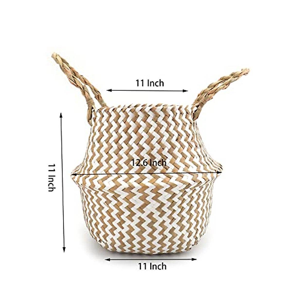 Nicunom 2 Pack Seagrass Belly Basket White Zigzag Pattern, 11 Inch Foldable Hand Woven Plant Basket with Handles, Storage Laundry, Picnic, Beach Bag, Plant Pot Cover for Home Decor