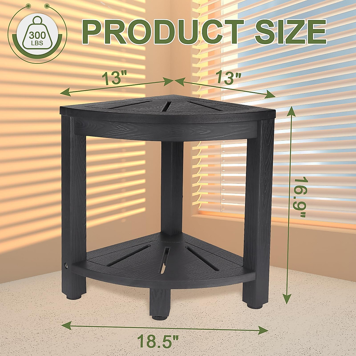 Natree Poly Lumber Shower Foot Rest 17 in, Shower Stool Corner Bench with Storage Shelf, Water Repellent Shower Stool for Shaving Legs, Corner Seat for Bathroom Living Room Shower Spaces(Black)