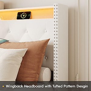 Vabches Full Size Bed Frame with LED Headboard & Drawers, Velvet Upholstered Platform Bed Frame with Led Light and Charging Station, Wingback Storage Metal Bed, Beige