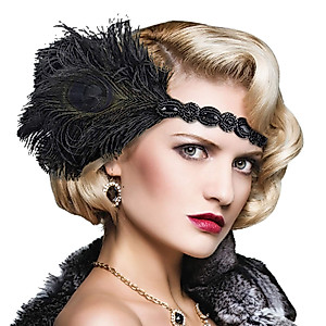 StarDY 1920s Flapper Headbands Great Gatsby Rhinestone Headpiece with Peacock Feather Jewel Hair Accessories (Black)