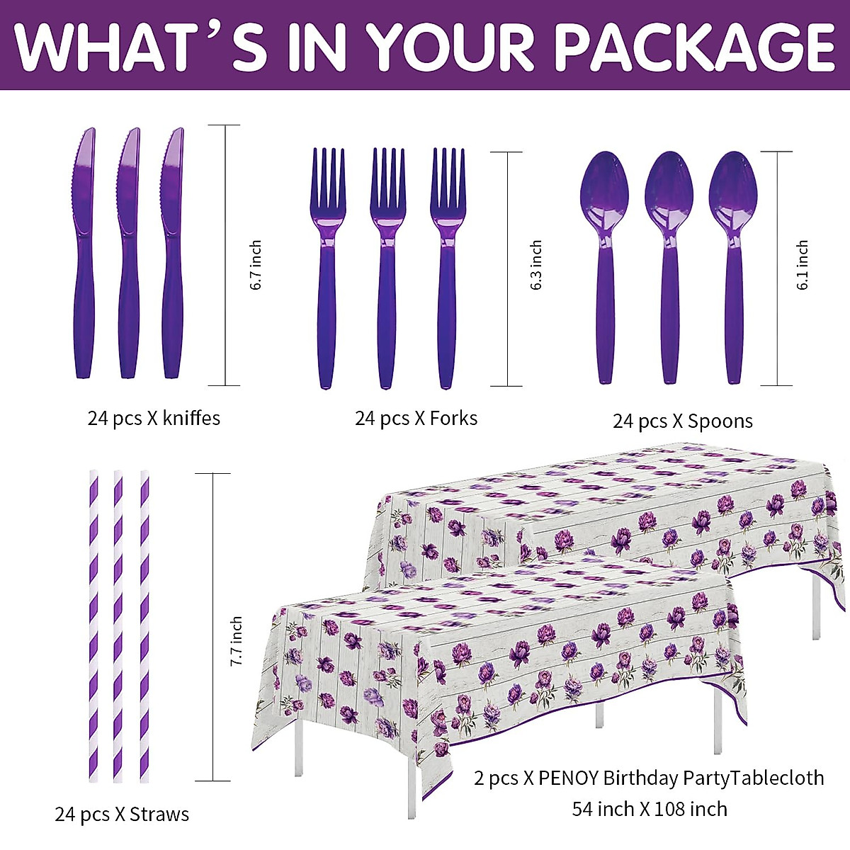 HIPVVILD Peony Party Decorations Dinnerware, Purple Peony Floral Party Supplies, Plate, Cup, Napkin, Cutlery, Tablecloth, Peony Flower Party Tableware For Birthday Bridal Baby Shower Wedding, Serve 24