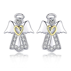 CZ Angel Stud Earrings for Women 925 Sterling Silver Cubic Zirconia Small Cute Crystal Gold Heart Studs Tragus Post Hypoallergenic Lovely Jewelry Gift for Daughter Niece