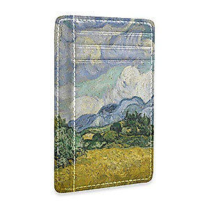 Linomo Thin leather Card Holder and Money Clip Van Gogh Wheat Field Cypresses Wallet RFID Blocking for Men & Women