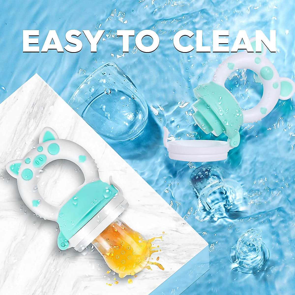 Baby Fruit Food Feeder Pacifier - Fresh Teething Pacifiers, Infant Fruit Teething Teether Toy for 3-24 Months, 6 Pcs Silicone Pouches for Toddlers & Kids & Babies, Piggy Handle 2-Pack (Blue)