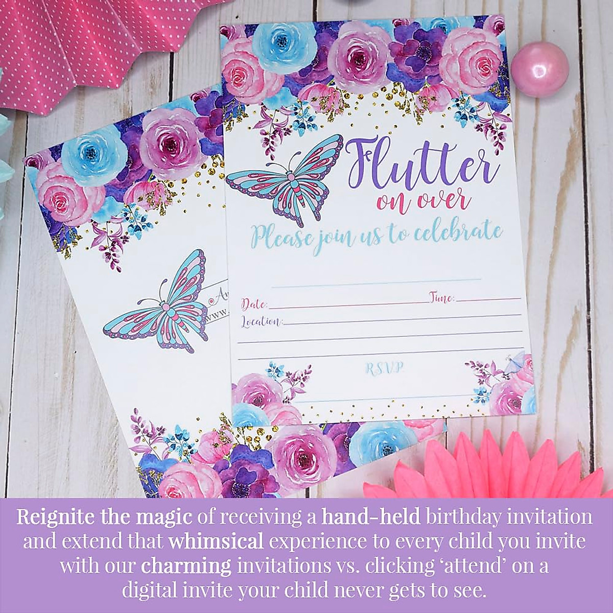 Amanda Creation Watercolor Floral Butterfly Birthday Party Fill In Style Invitations in pink, blue and purple. Set of 20 including envelopes