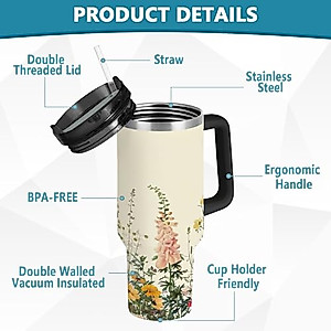 FRCSDIY Beautiful Flowers Insulated Tumbler with Handle and Straw Lid,30oz Leakproof Stainless Steel Cup BPA-Free Water Bottle