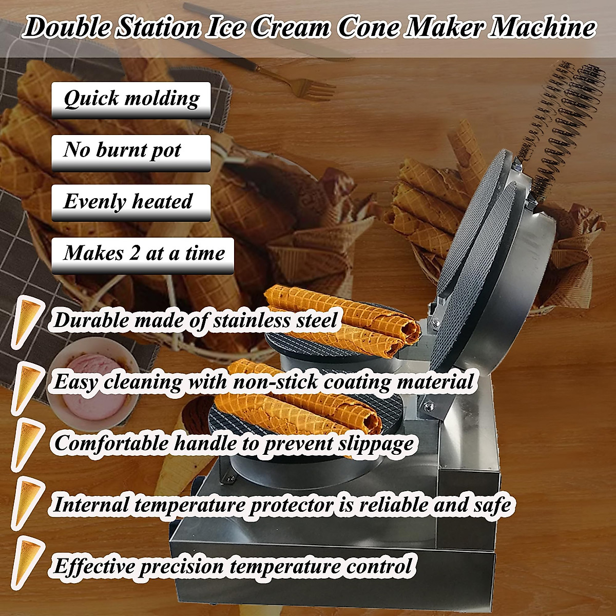 HQHAOTWU Ice Cream Cone Maker Electric Ice Cream Cone Waffle Maker Machine Nonstick Ice Cream Waffle Roll Maker Stainless Steel Egg Roll Maker Waffle Cone Machine Time Control Double Head 110V