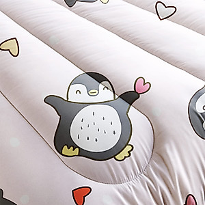 CVHOUSE Cartoon Penguin Bedding Set Twin Cute Animal Pattern Kids Teen Comforter Set 3 Pieces with 1 Comforter + 2 Pillow Cases Decor Comforter Set Cute Penguin Animal Pattern