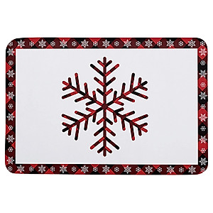 Red Plaid Snowflake Christmas Bath Rugs Checkered Sponge Doormat Non Slip Backing Durable Soft Flannel Mat Memory Foam Mats Carpet for Bathroom Kitchen 32x20In