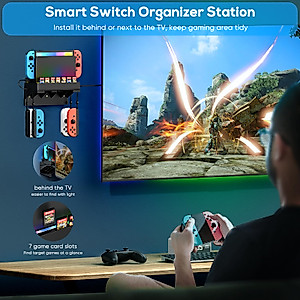 RGB Switch Wall Mount Kit for Nintendo Switch and OLED, Switch Dock Console Holder Stand, Switch Accessories with 7 Light Modes, 7 Card Slots, 4 Joy Con Hangers, 2 USB Ports, Behind TV, Graphite Black