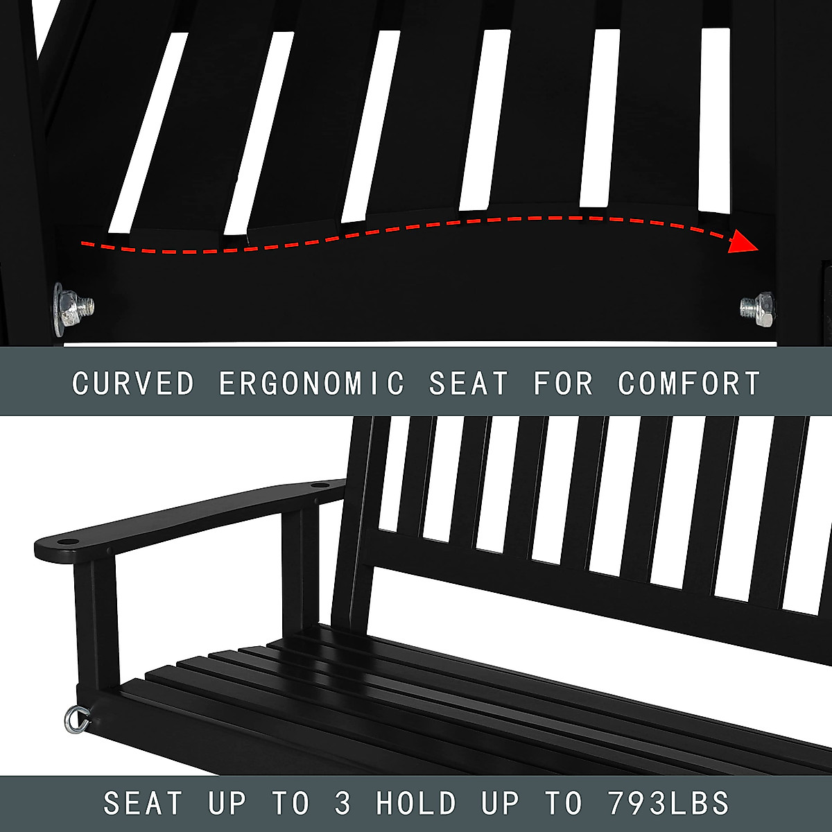 MUPATER Outdoor Patio Hanging Wooden Porch Swing 5FT with Chains, 3-Person Heavy Duty Swing Bench for Garden and Backyard, Black