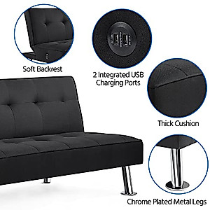 Yaheetech Modern Convertible Futon Sofa Bed w/ 2 Integrated USB Charging Ports Fabric Loveseat Couch Metal Legs, 3 Angles Adjustable Back for Compact Living Space, Apartment, Dorm, Bonus Room Black