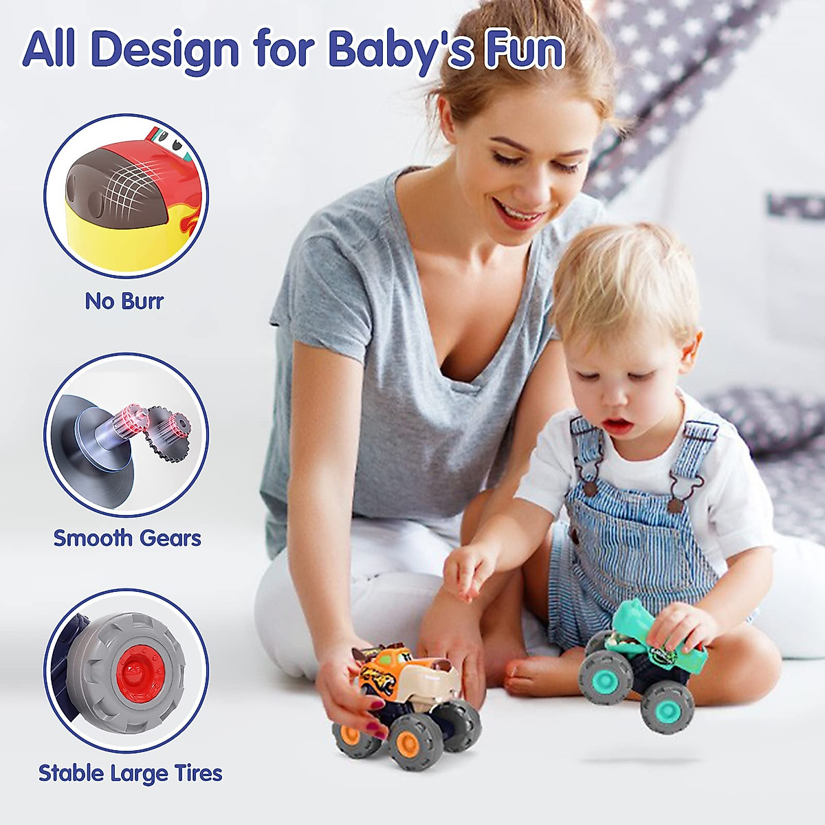 BABYFUNY 3 Pack Cars Toys for 1 Year Old Boy - Baby Monster Trucks Toy Cars for 2 Year Old Boys Dinosaur Toddler Trucks Toys, Pull Back Cars 1 2 3 Year Old Boy Gifts