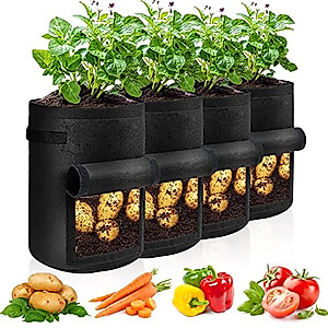 JJGoo 4 Pack Potato Grow Bags 10 Gallon with Flap, Heavy Duty Fabric Grow Bags with Handle and Harvest Window, Non-Woven Planter Pot Plant Garden Bags to Grow Vegetables Potato Tomato, Black