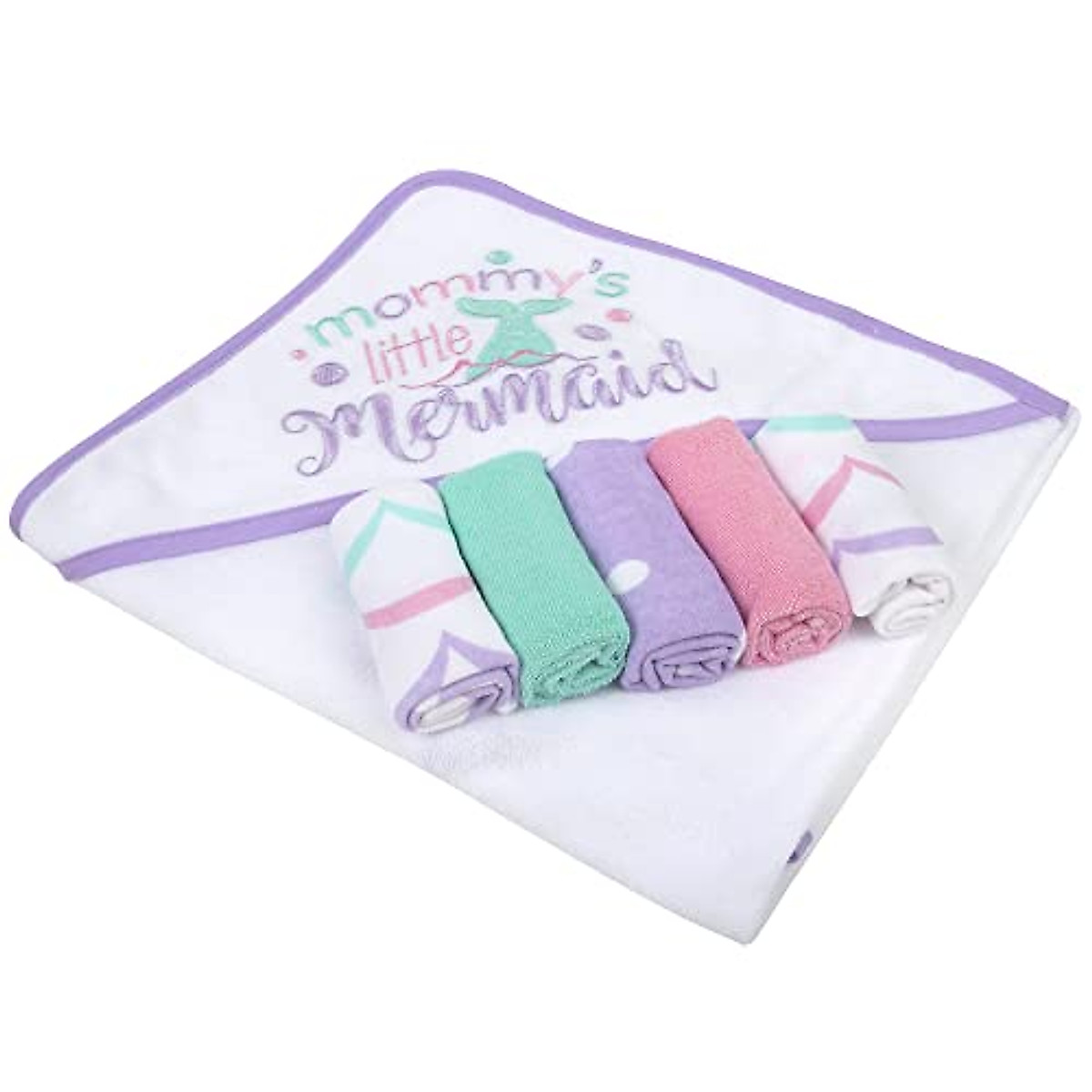 Baby Hooded Towel and Washcloth Set for Infants, Boys and Girls 6-12 Months (Mommy's Mermaid)