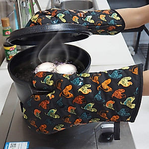 Oven Mitts Gloves 1 Pair Heat Resistant 480 ℉ Non Slip Clear Silicone Printed Rooster Comfortable Cotton Lining Kitchen Men Cooking Barbecue Machine Washable (Rooster, Black Mittens)