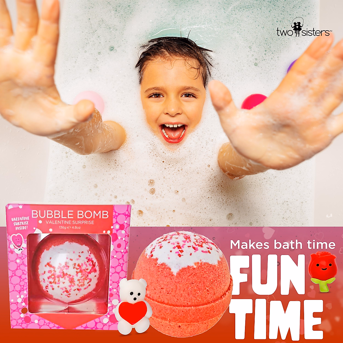 Valentines Bath Bombs for Kids with Surprise Toys Inside (Gift Set) - Lovely Holiday Bath Bomb, USA Made, Kids Safe Ingredients - Perfect Valentines Day Gifts for Kids by Two Sisters