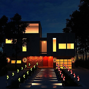 IRmm Outdoor Solar Garden Flower Lights, 2 Pack LED Solar Powered Flowers Lights with 6 Roses, Waterproof Solar Garden Stake Lights for Garden, Patio, Yard, Pathway Decoration (Red+Yellow)