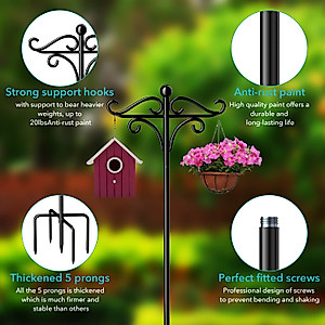 Keten Shepherds Hooks for Outdoor, 75” Double Bird Feeder Poles with 5 Prongs, Adjustable Outdoor Plant Hanger Hooks for Bird Feeder, Plant Baskets, Lanterns, Wedding Decor(2 Pack)