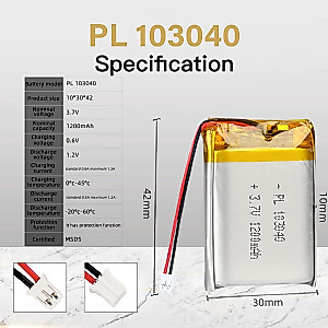 YDL 3.7V 1200mAh 103040 Lipo Battery Rechargeable Lithium Polymer ion Battery Pack with PH2.0mm JST Connector