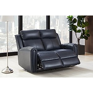 THSUPER Power Genuine Leather Reclining Loveseat, Modern Real Leather Double Recliner Loveseat, Top Grain Leather Recliner with USB Port and Ergonomic High Backrest, Blue