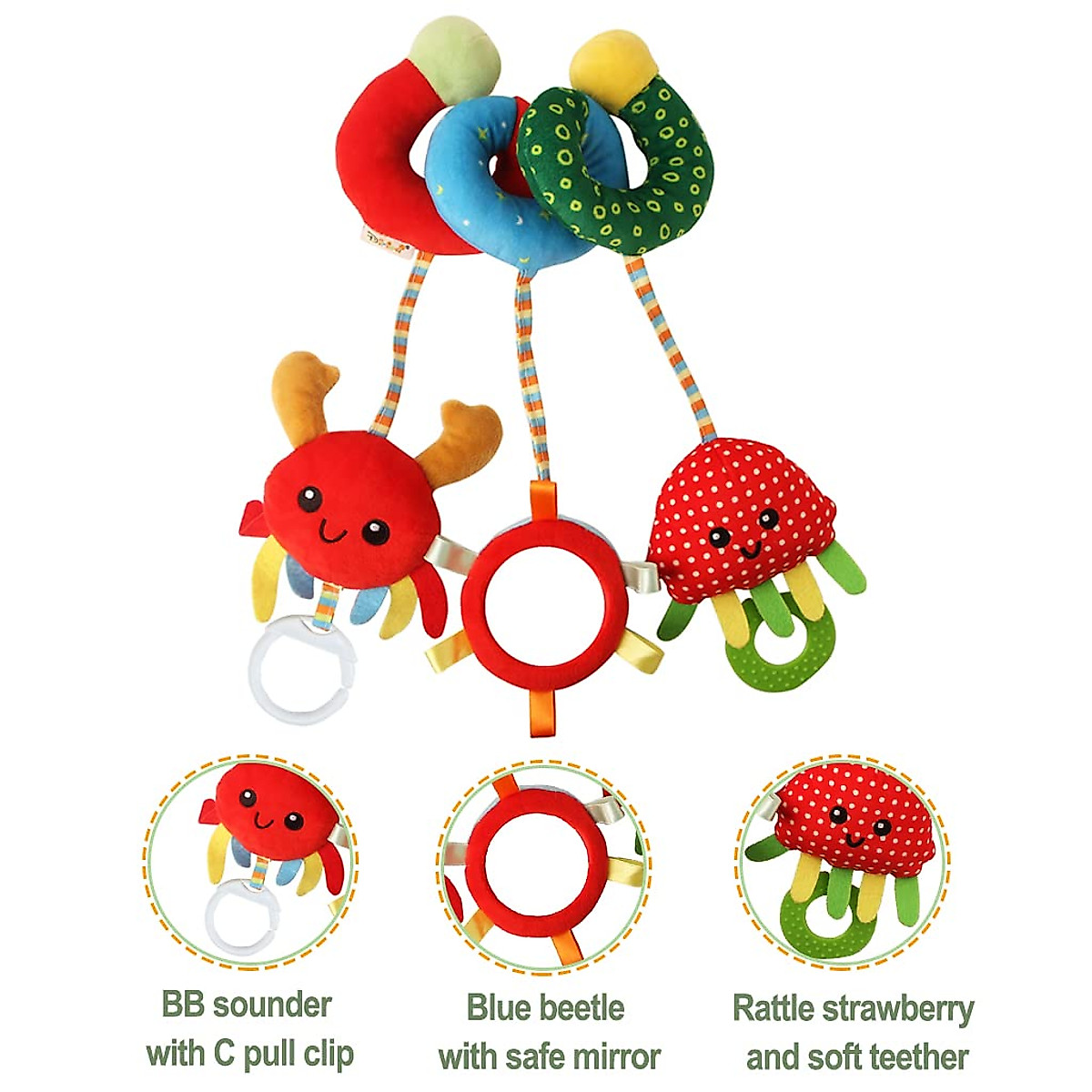 AIPINQI Infant Stroller Toy, Baby Car Seat Toys for Infant Baby Bed Stroller Toy Suitable Pram Crib Plush Toy for Boys Girls Spiral Activity Toy with Rattles and BB Squeaker,Strawberry