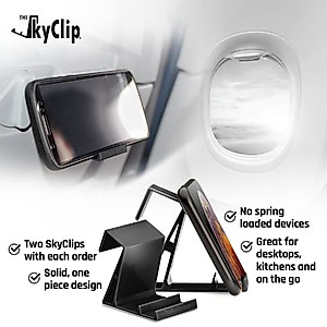 The SkyClip - (Black, 2 Pack Airplane Cell Phone Seat Back Tray Table Clip and Sturdy Phone Stand, Compatible with iPhone, Android, Tablets, and Readers
