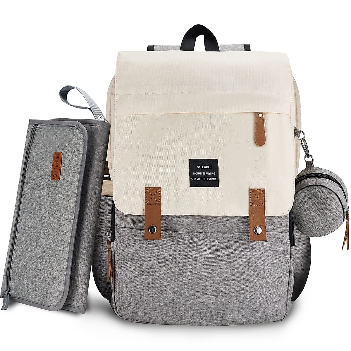 Diaper Bag Backpack with Portable Changing Pad, Pacifier Case and Stroller Straps White