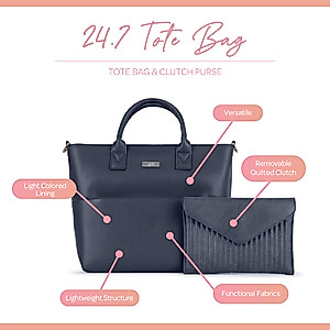 JuJuBe | 24.7 Leather Tote Bag + Clutch Purse for Moms, Includes 9 Pockets and Travel Changing Pad | Deep Ocean