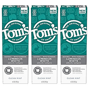 Tom's of Maine Natural Luminous White Toothpaste with Fluoride, Clean Mint, 4.0 oz. 3-Pack