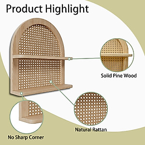 Eostbe Rattan Wall Shelf Boho Nursery Decor, 2-Tier Arched Woven Natural Wood Wicker Wall Shelf, 16''L Neutral Handcrafted Rattan Nursery Shelf, Decorative Shelf for Living Room,Bedroom & Bathroom