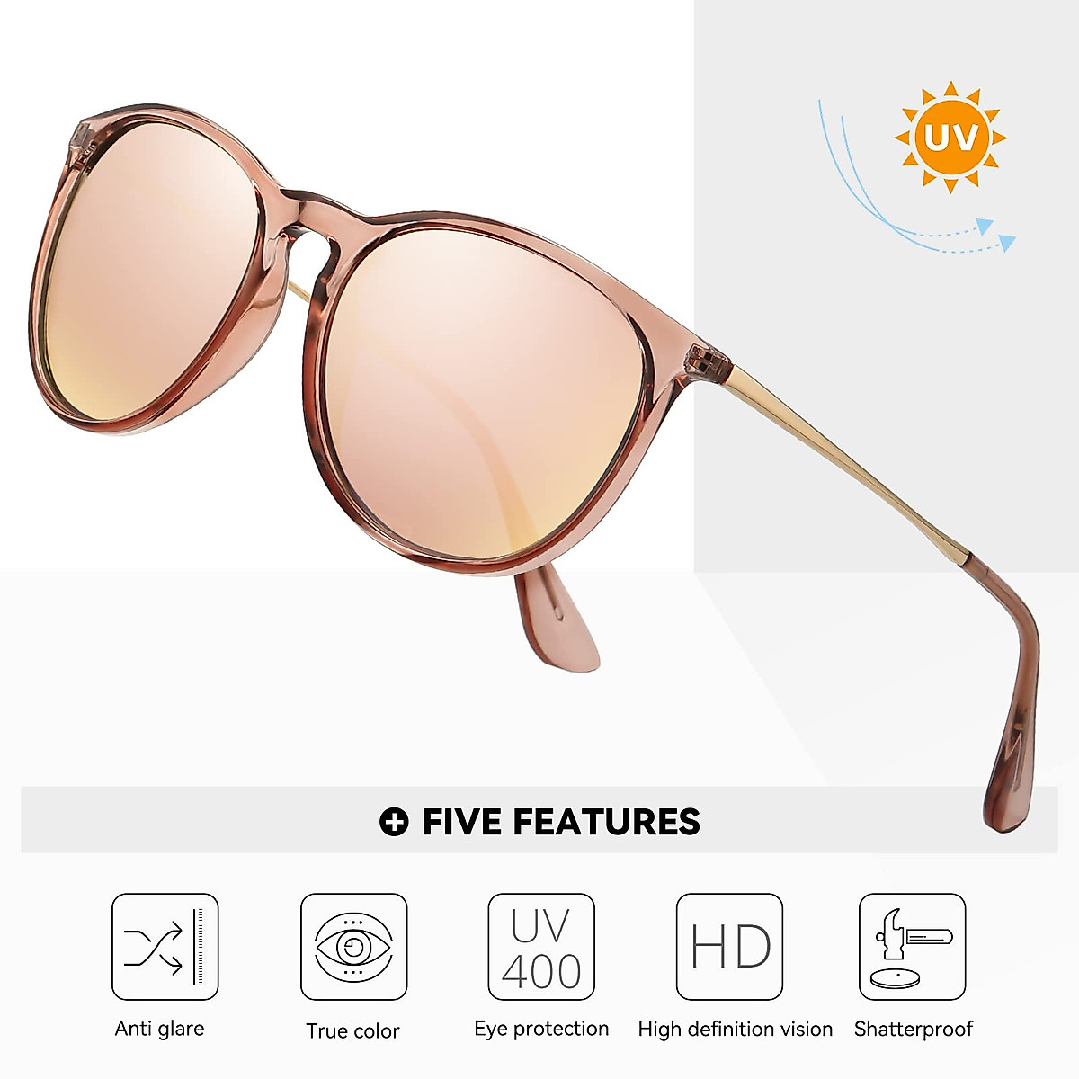 Fozono Retro Round Polarized Sunglasses for Women Trendy Vintage Sun Glasses UV Protection (Light Coffee Frame/Champagne Mirrored Lens)