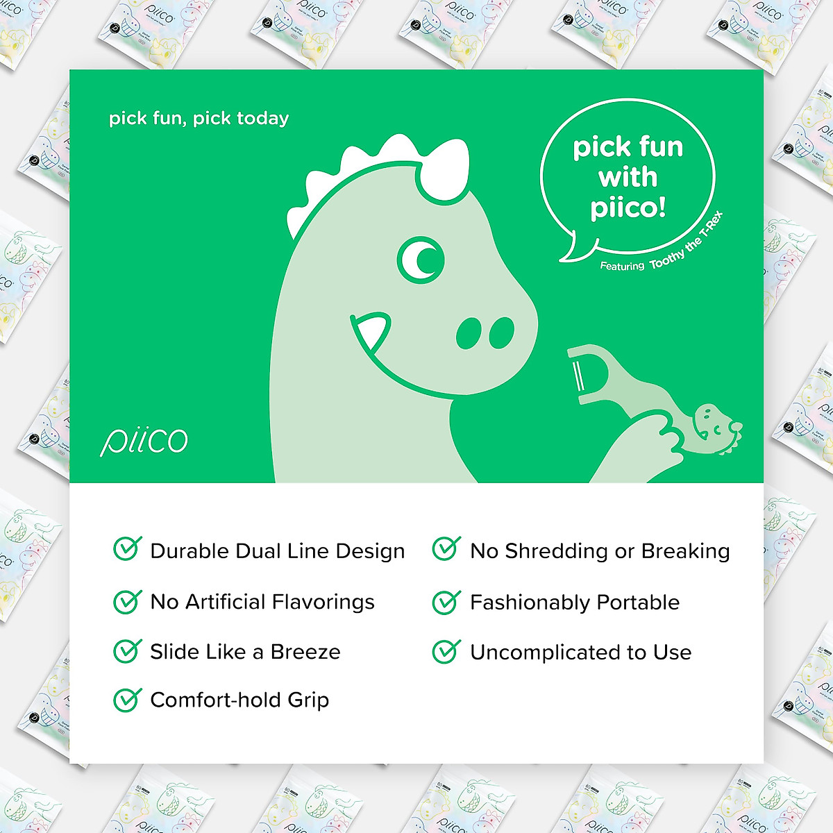 Piico Unflavored Kids Floss - No Fluoride Dual Line Dental Floss Picks - Fun Oral Care in Colorful Floss Sticks Design - Kids Flossers Avoid Tooth Decay & Gum Disease - 80 Count Dino