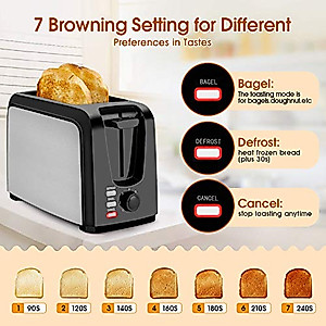 Toaster 2 Slice Stainless Steel Toaster Two Slice Toaster with Removable Crumb Tray Toaster Wide Slot Toasters 2 Slice Best Rated Prime with 7 Bread Shade Settings and Bagel, Defrost, Cancel Function for Bread (Black-2P)