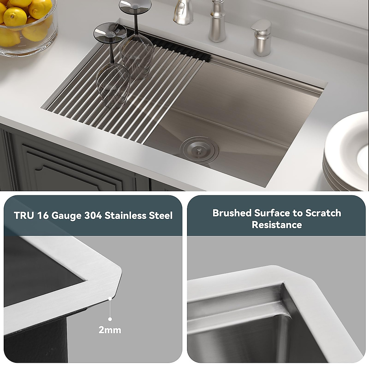 27 Undermount Kitchen Sink - LORDEAR 27x19 Inch 16 Gauge Stainless Steel Kitchen Sinks Under Counter Ledge Workstation Single Bowl Basin