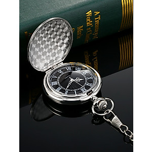 Hicarer Quartz Pocket Watch for Men with Black Dial and Chain Vintage Roman Numerals Christmas Gifts Birthday (Silver)