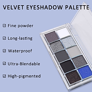 Erinde 10 Color Eyeshadow Palette Makeup - Matte Shimmer Glitter Eye Shadow, Ultra-Blendable, High Pigmented, Black Gray Blue Smokey Eyeshadow Palette with Professional Brush