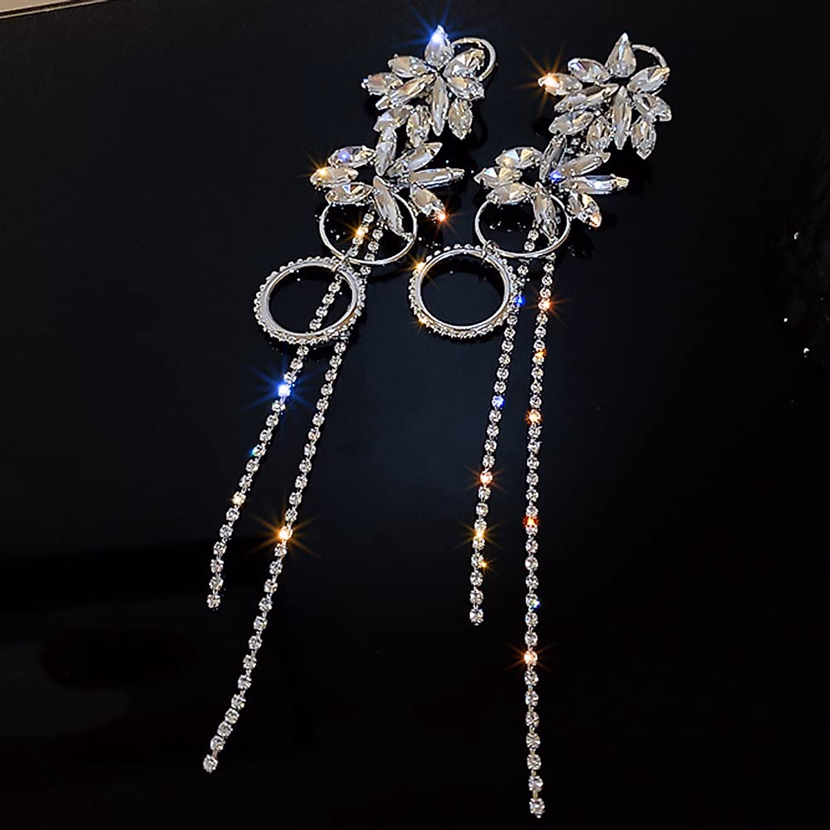 Missgrace Luxury Silver Rhinestones Drop Earrings Rhinestone Punk Earrings Jewelry Silver Boho Vintage Statement Earrings Long Dangle Earrings for Women