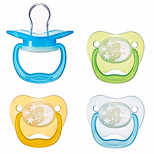 Amazon Brand - Mama Bear Glow-in-the-Dark Baby Pacifier, Stage 1 (0-6M), BPA Free, Assorted Colors (Pack of 4)