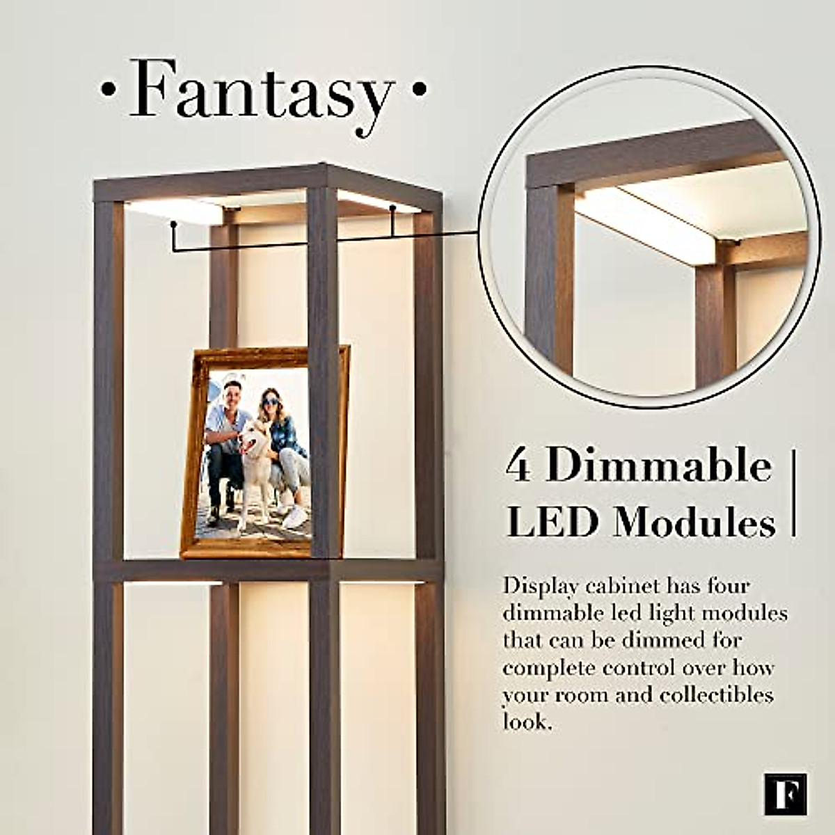 FENLO Fantasy 66" Luxury Glass Display Shelf with Dimmable LED Floor Lamps, Sturdy Glass Shelves for Bedroom, Curio Cabinet with Glass Bookshelf Display Case, Floor Lamp with Shelves - Brown