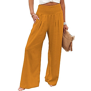 GLIENST Womens Cotton Linen Pants Elastic High Waist Wide Leg Pants Palazzo Lounge Smocked Casual Trousers with for Ladies Pockets One Piece Athletic Pants Deep Yellow XL