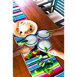 EMPORION Set of 4 Hand-Blown Margarita Glasses from Mexico with Cobalt Blue Rim - Rustic & Handcrafted Recycled Bubble Glass Drinking Glassware - 14 Oz