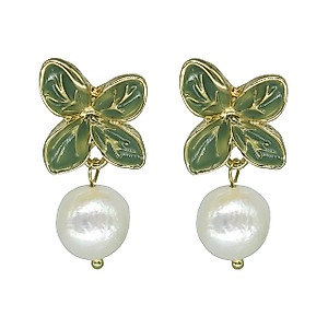 JeanBeau Enamel Green Four Leaf Stud Pearl Dangle Earrings for women Cute Dainty Wrinkled Kasumi White Freshwater Pearl Drop Dangling Spring Formal Jewelry Gift