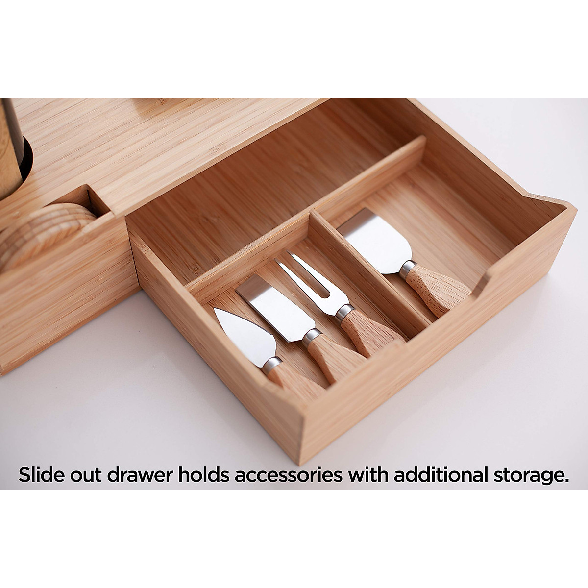 MV Bamboo Wine & Cheese Serving Tray Plus Drawer for Extra Storage Includes Coasters, Cheese Knives, Serving Boards & Handles for Easy Carrying