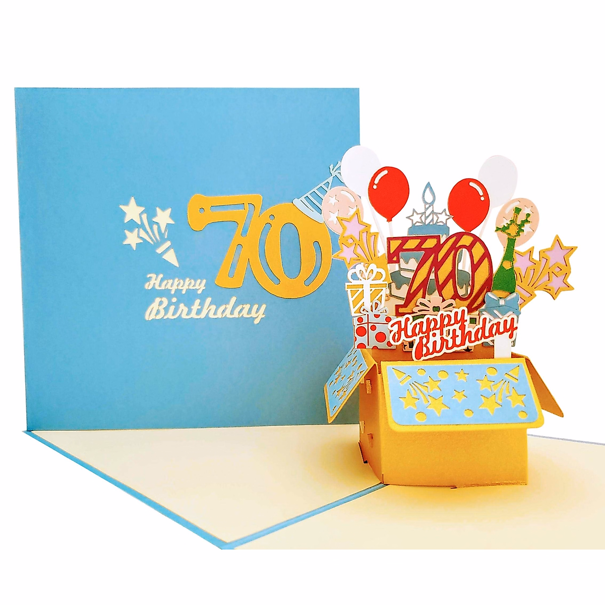 iGifts And Cards Happy 70th Blue Birthday Party Box 3D Pop Up Greeting Card – Seventy, Awesome, Balloons, Unique, Celebration, Feliz Cumpleaños, Fun, Festive