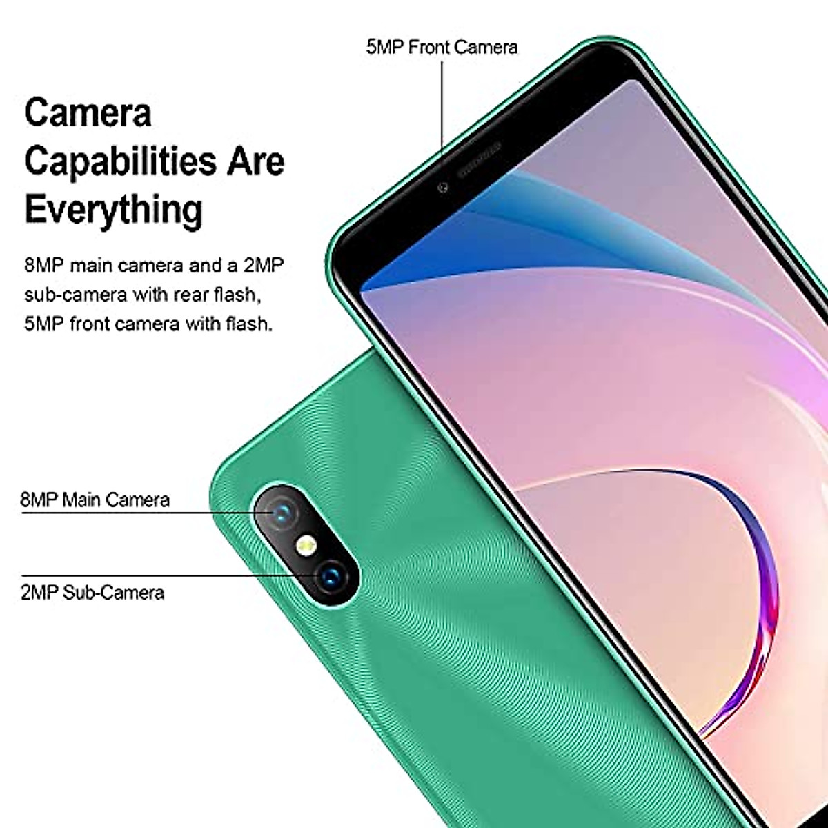 KXD 6A Unlocked Cell Phone | 3G Smartphone | 5.5” Full-Screen Display | 2500mAh Battery | 8MP + 5MP Camera | Dual SIM Android Phone | 8GB ROM | US Version | Green